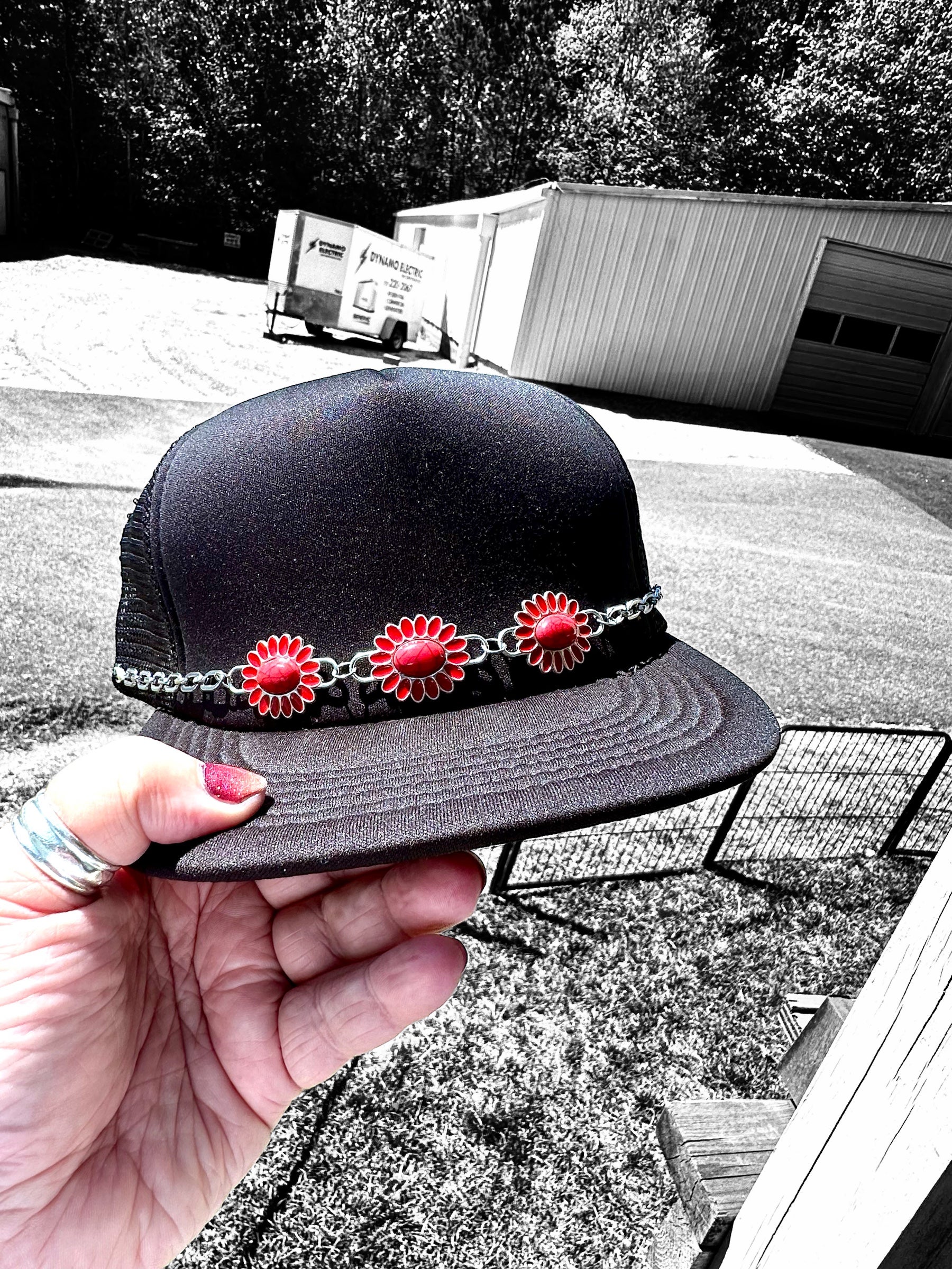 HAT CHAIN---Triple Red Enamel Flower | DM Designs Plus